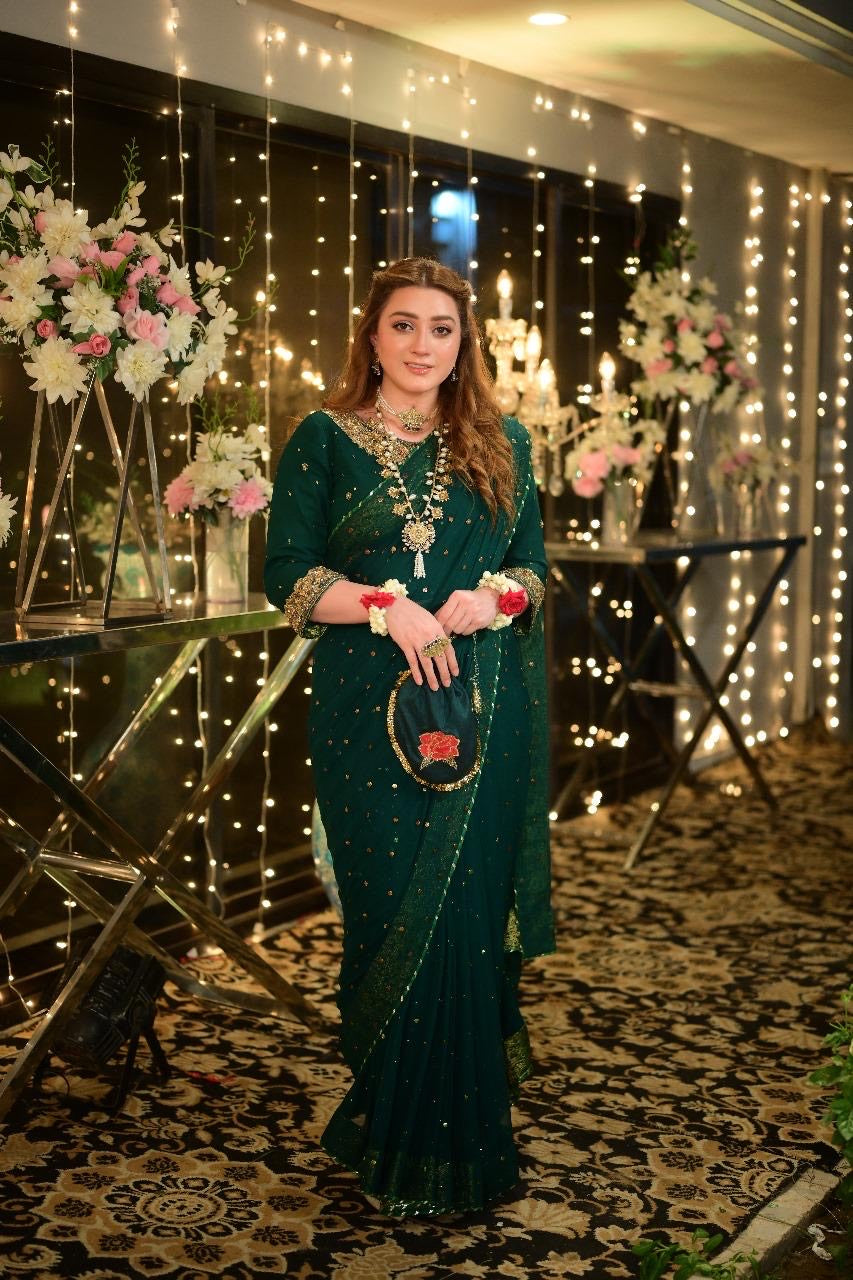 Momina Iqbal Emerald Green Saree
