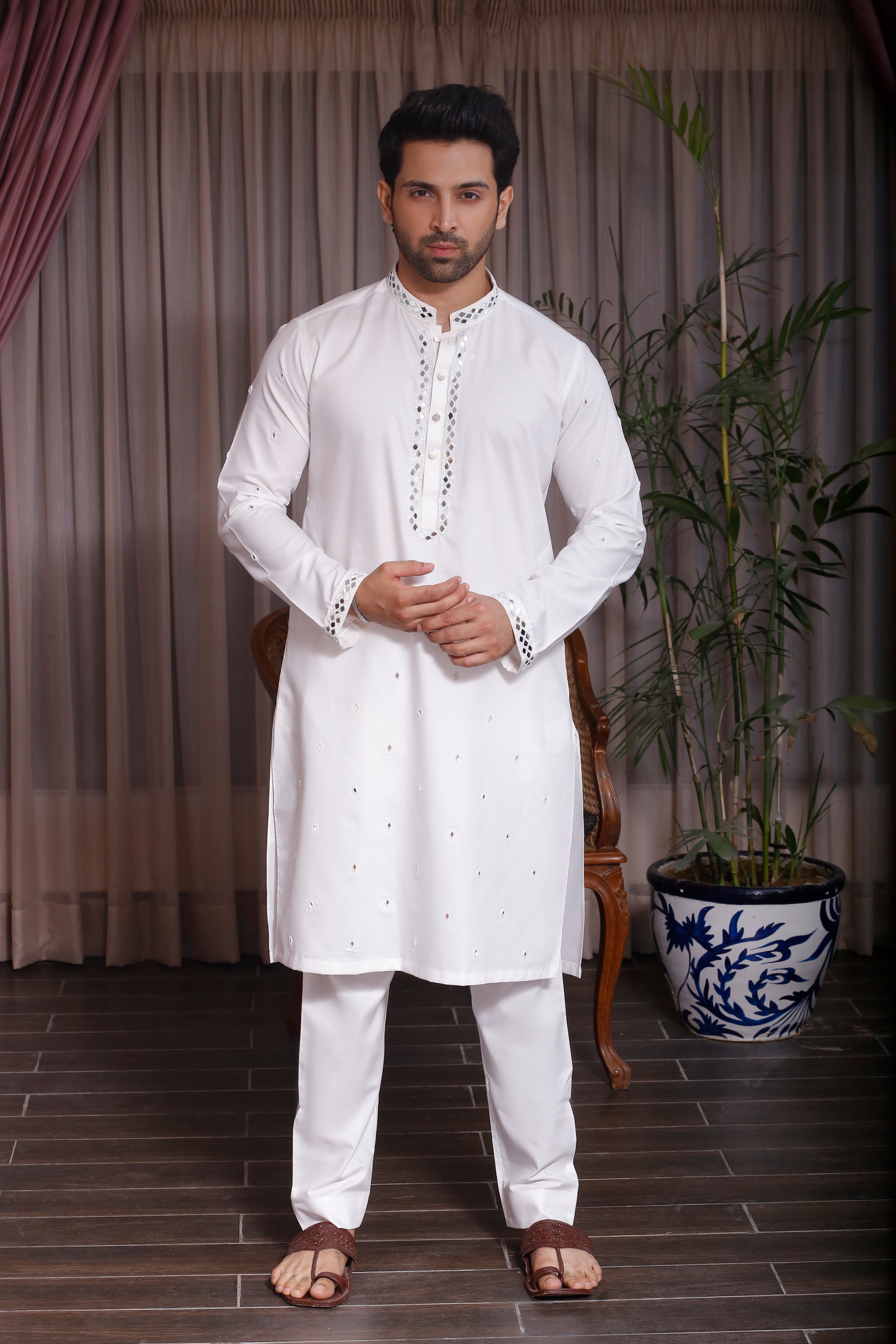 Sheen - White Shalwar Kameez with Sheesha Work